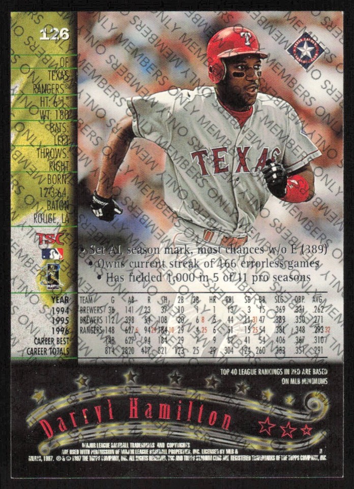 1997 Topps Stadium Club Members Only Darryl Hamilton #126 Texas Rangers ...