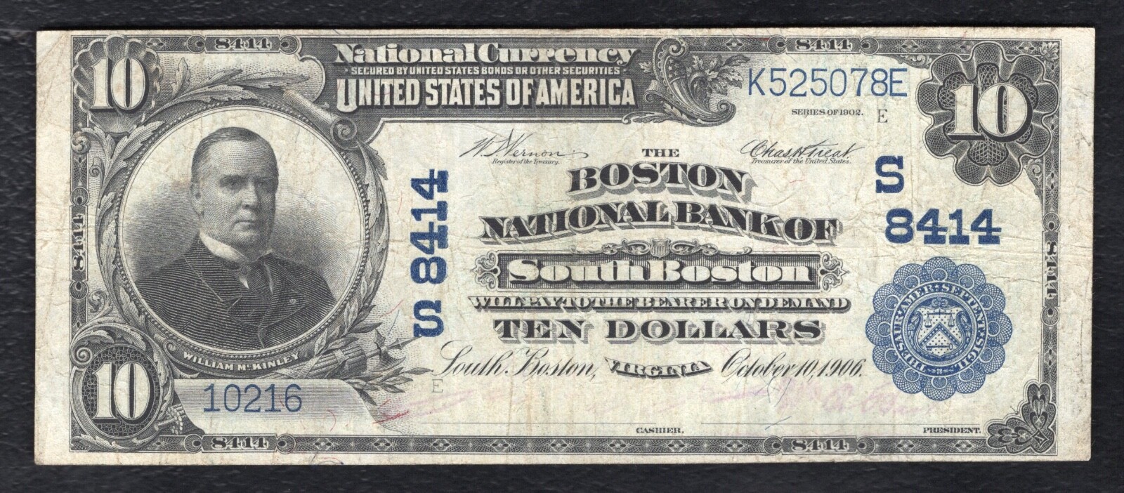 1902 $10 BOSTON NATIONAL BANK OF SOUTH BOSTON, VA NATIONAL CURRENCY CH ...