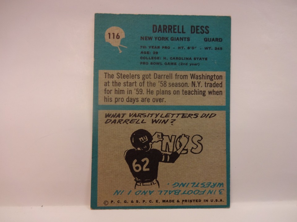 1964 Philadelphia Football Darrell Dess New York Giants Card #116 | eBay