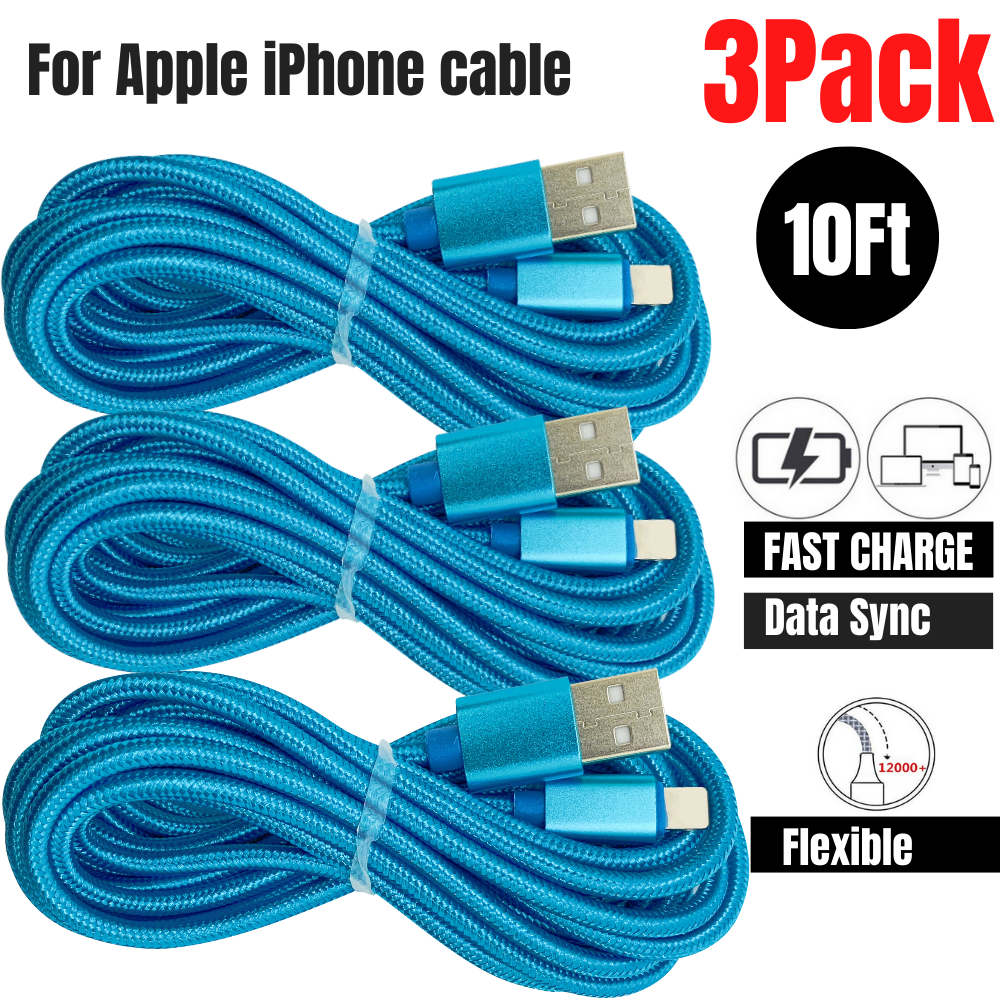 Iphone Charging Cable 3-Pack Blue Braided USB-C To IPhone Fast Charging ...