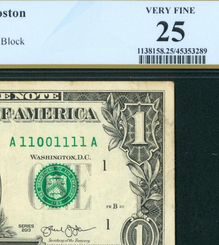 (( TRUE BINARY )) $1 2013 (( 11001111 )) FANCY SERIAL # CURRENCY ((PCGS ...