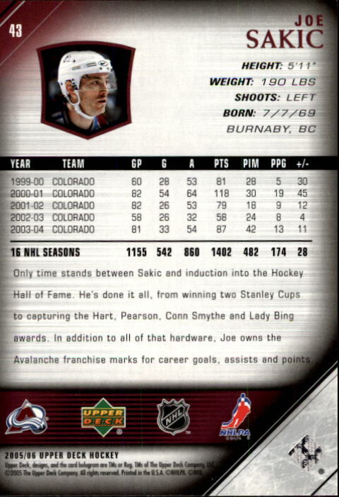 2005-06 Upper Deck #43 Joe Sakic - NM-MT | eBay