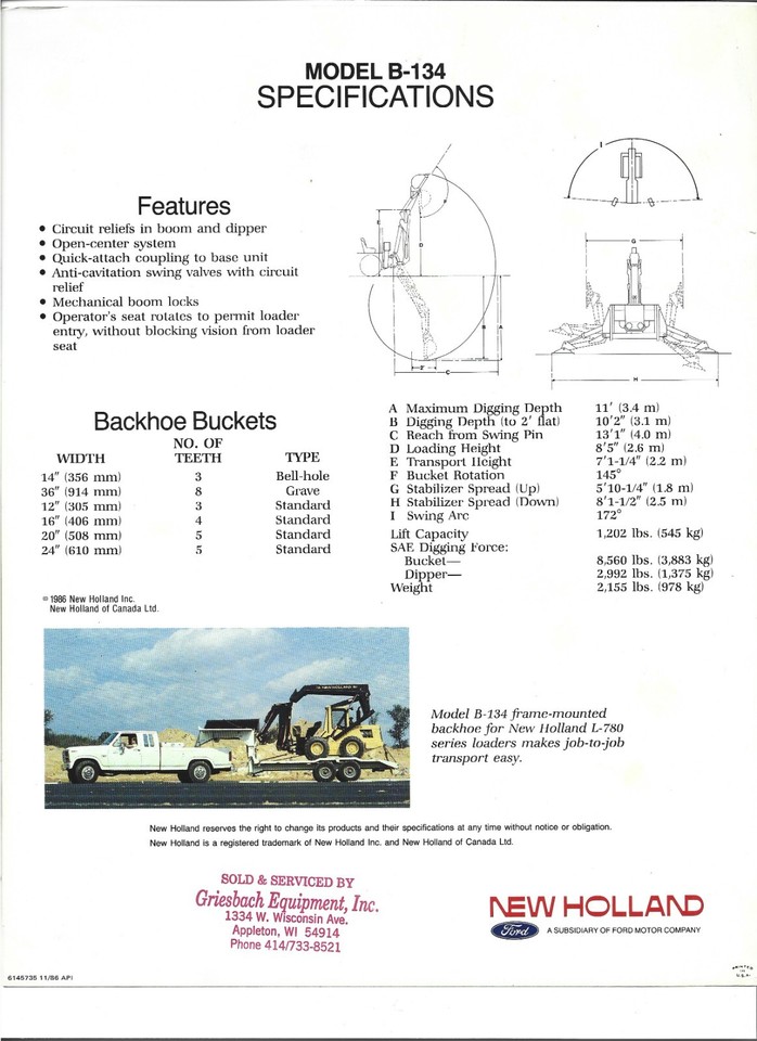 Original New Holland Model B134 B-134 Backhoe Sales Brochure Spec Sheet ...