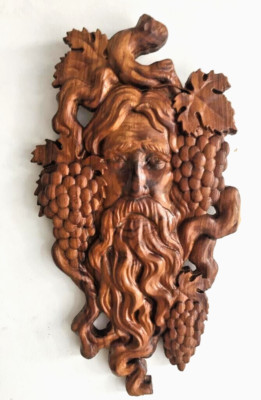 wood carved tree spirit old green man face grape home wall art decor ...