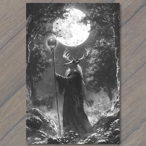 Art Print Deer Wizard Moonlight Forest Staff Robes Magic Night Trees ...