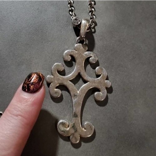 BRIGHTON hammered silver styled large charm cross jeweled necklace | eBay