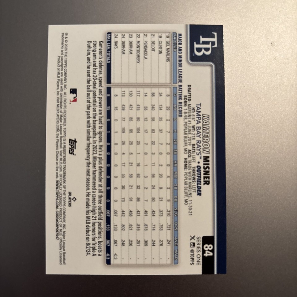 2025 Topps Baseball Series 1 #84 Kameron Misner, Tampa Bay Rays RC | eBay