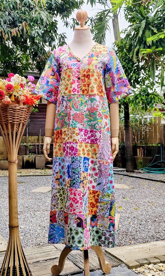 Handmade Boho A-Line Dress, V-Neck Button Front, Patchwork Cotton by Thai Women | eBay