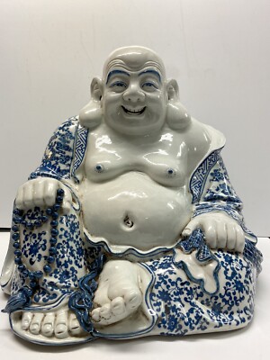 Large CHINESE Porcelain Happy Buddha Blue & White, Marked | eBay