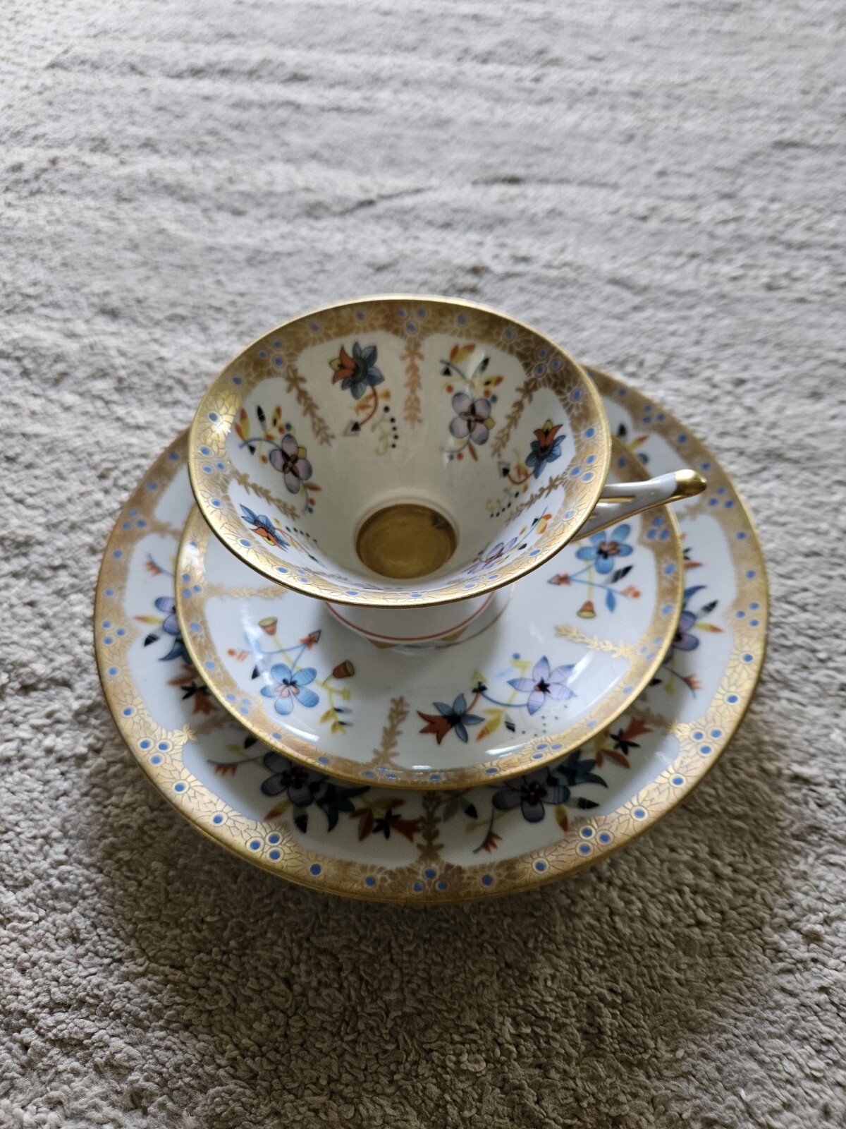 Kaestner Saxonia Tea Cup Saucer Dessert Plate Gold Trim Blue Purple Orange... | eBay