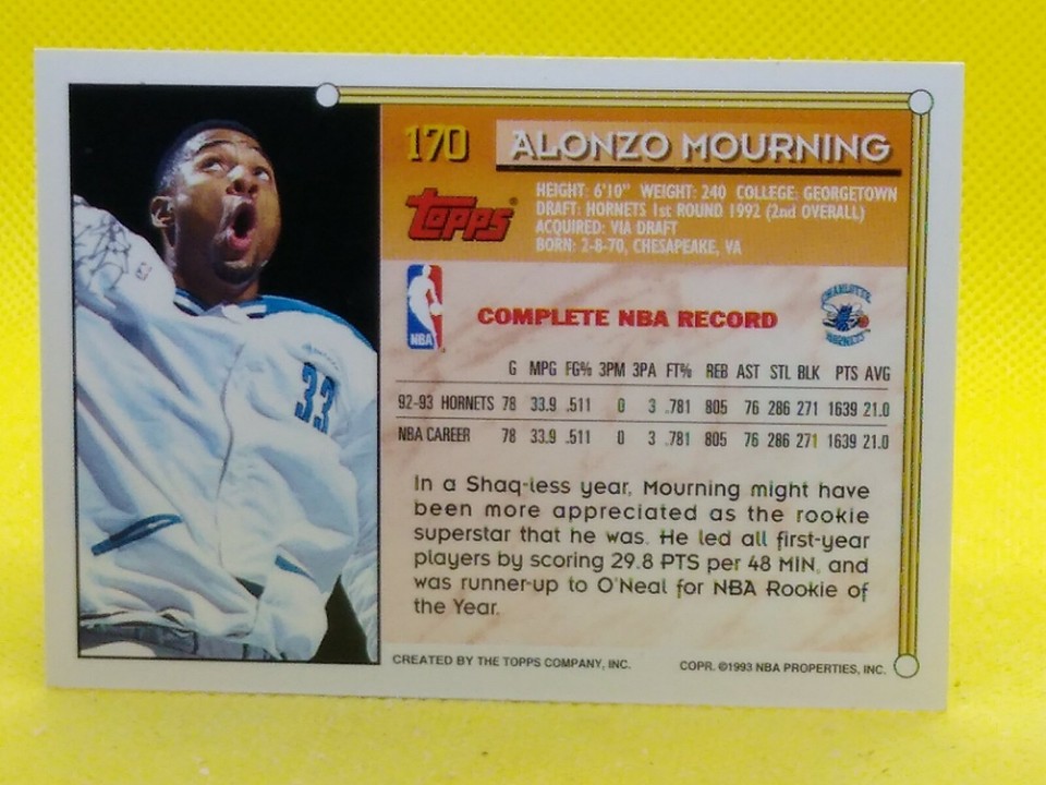 Alonzo Mourning 1993-94 Topps #170 PERSONAL AUTOGRAPH | eBay