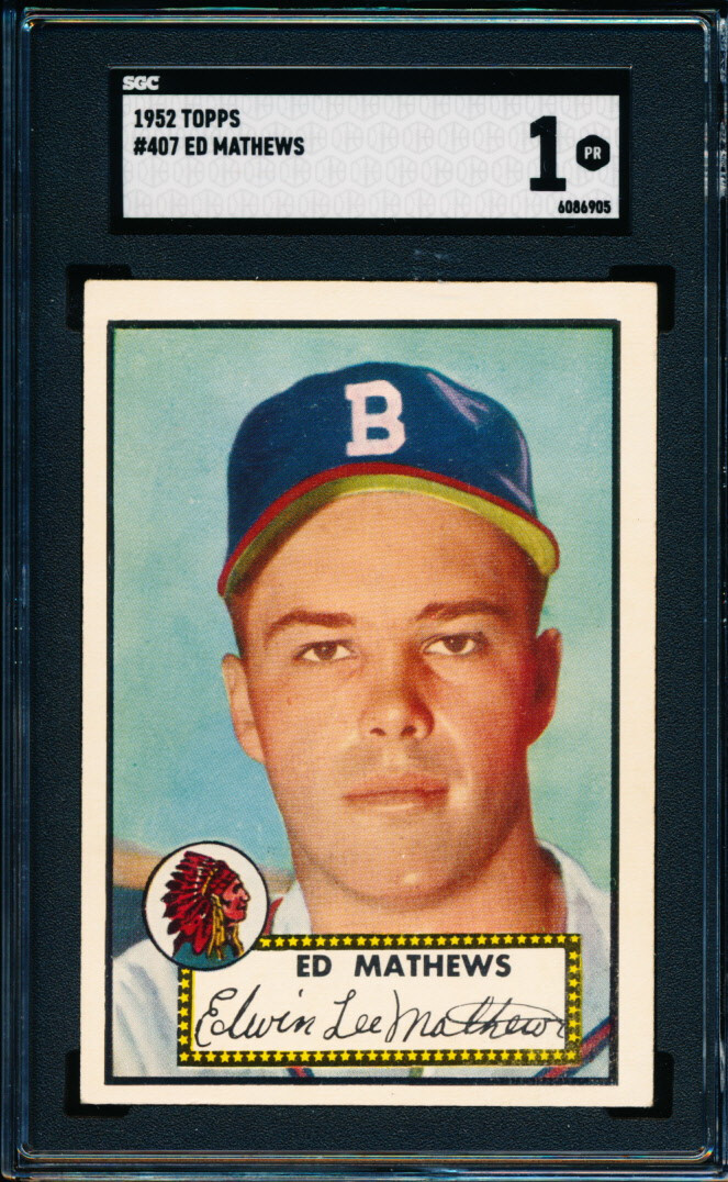 1952 Topps #407 Eddie Ed Mathews - SGC 1 - ** BEAUTIFUL FRONT ...