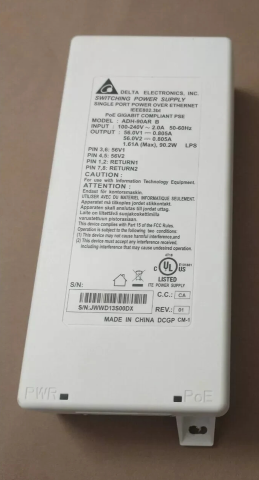 Delta PoE Gigabit Injector 90W Adapter 56V 1.61A ADH-90AR B. With power ...