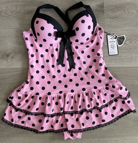 Retro Stage Bathing Suit Pink With Black Polka Dots Size Large New With ...