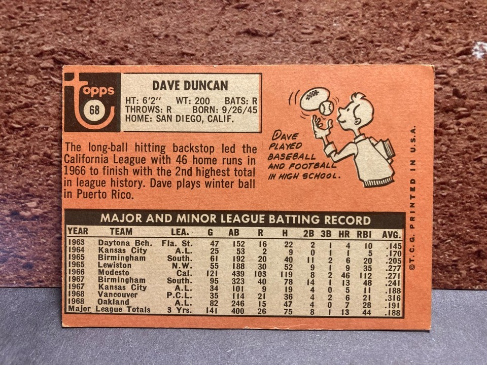 1969 Topps #68 Dave Duncan Baseball Card Oakland Athletics A's MLB Raw ...