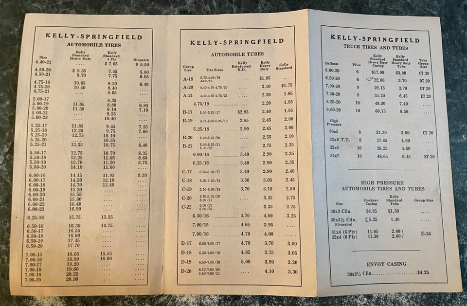 1935 Kelly Springfield Tire Company Brochure Advertising Price List ...