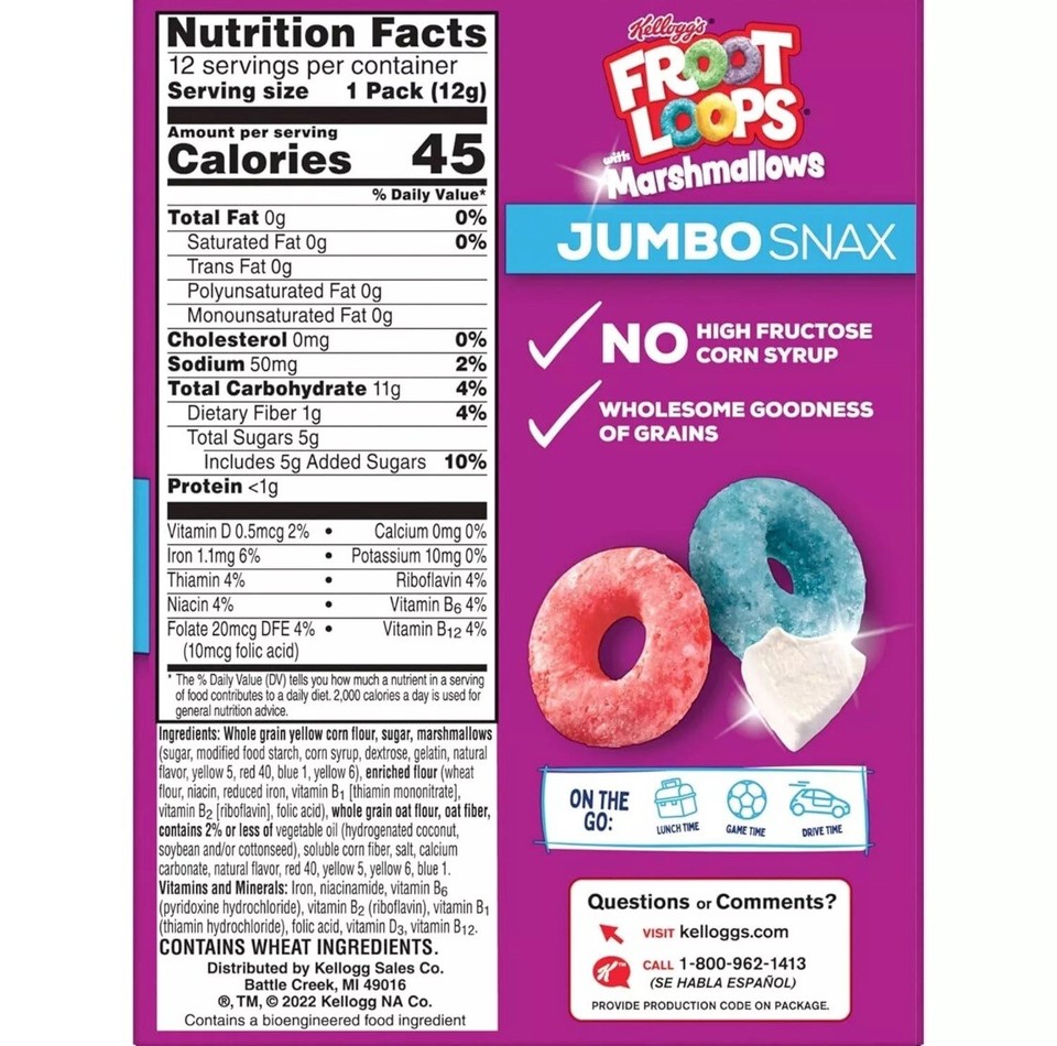 Kellogg's Jumbo Snax Froot Loops Cereal Snacks, Lunch Box Snacks, Fruit ...