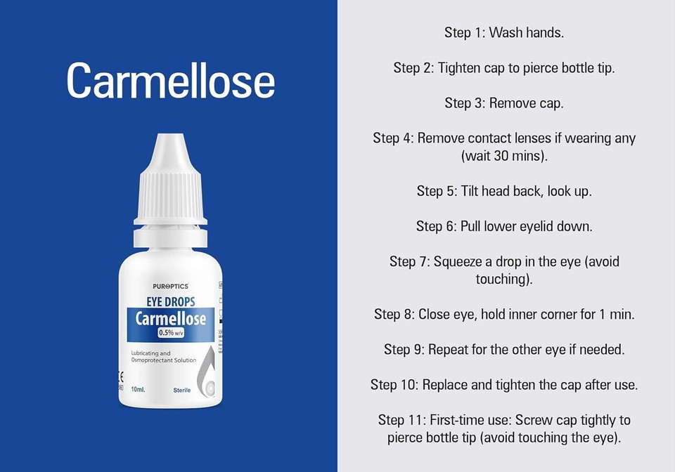 Carmellose 0.5% Lubricant Eye Drops 10ml Very Long Lasting Moisturises ...