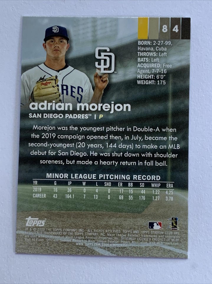 2020 Topps Stadium Clib Adrian Morejon Rookie Red Foil #84 San Diego ...