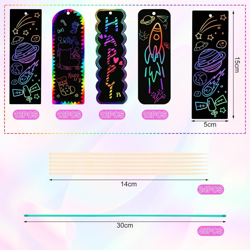 48 Sets Magic Color Scratch Bookmarks Kit,4 Styles Rainbow Scratch ...