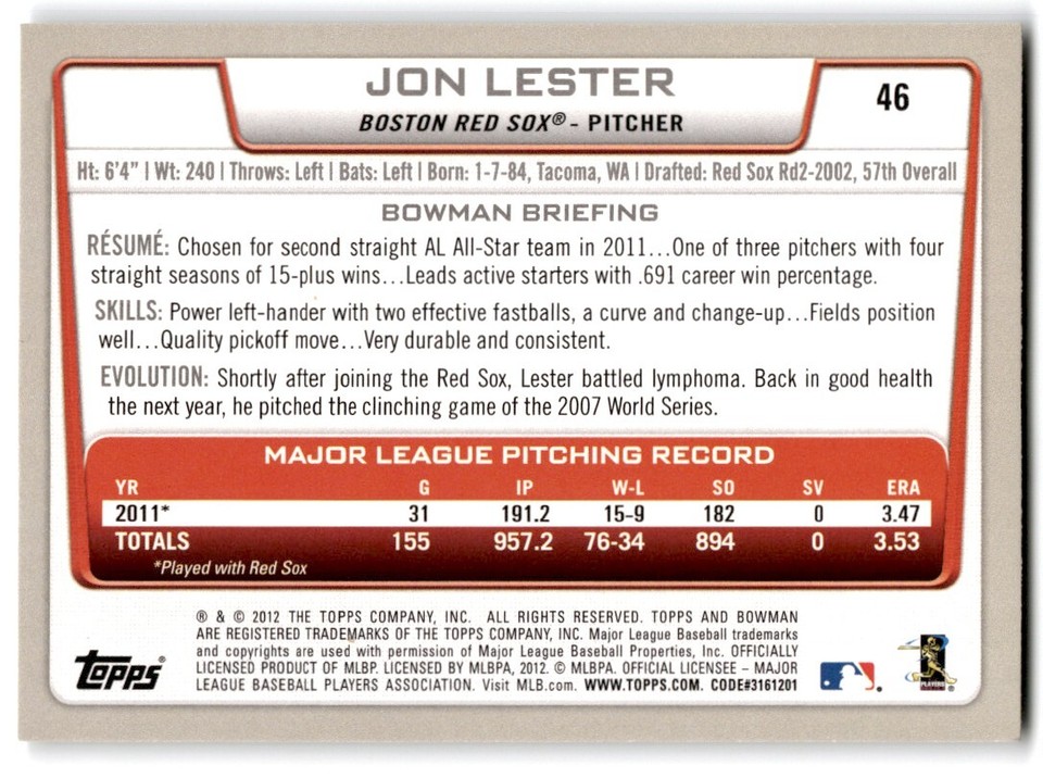 2012 Bowman Jon Lester Boston Red Sox #46 | eBay