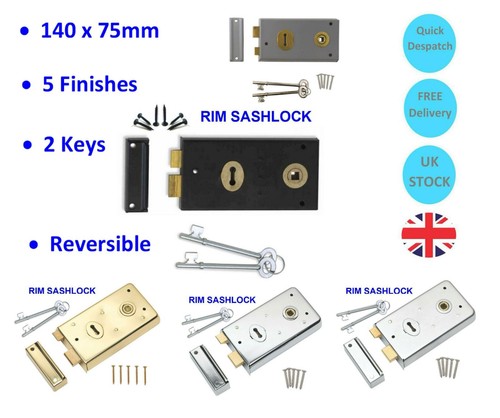 Rim Sash Lock Narrow 140x 75mm DOUBLE HANDED Black, Chrome, Brass Gate ...