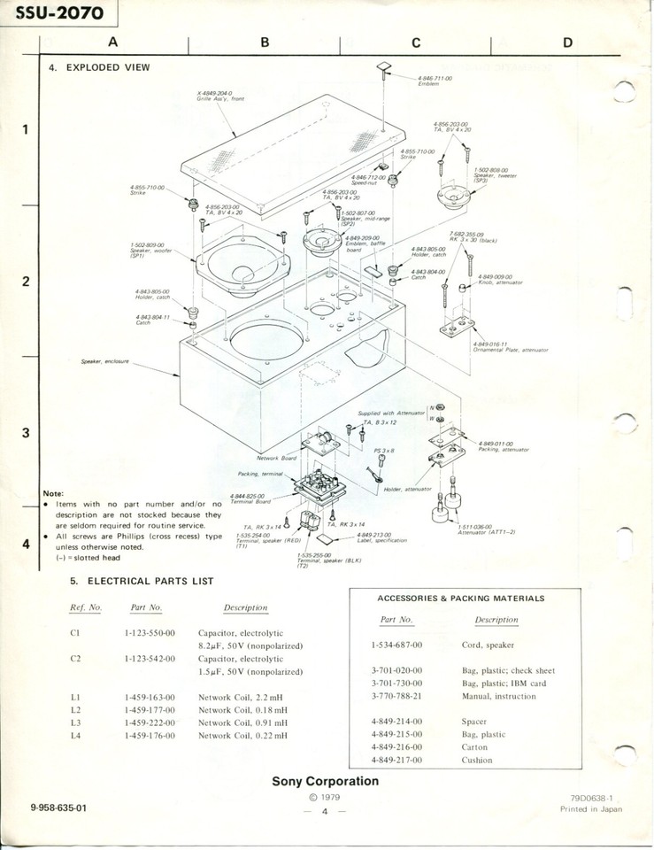 Sony Model SSU-2070 Speaker System Service Manual | eBay