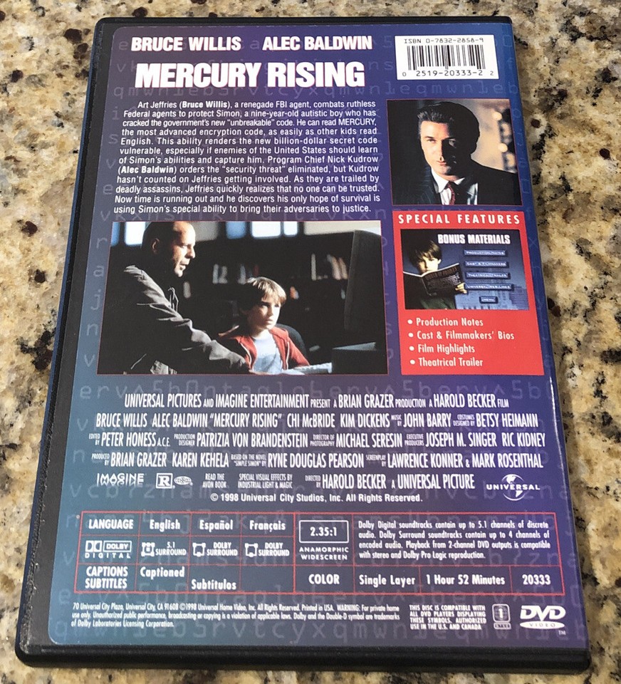 Mercury Rising DVD (1998) - Bruce Willis Alec Baldwin 25192033322| eBay