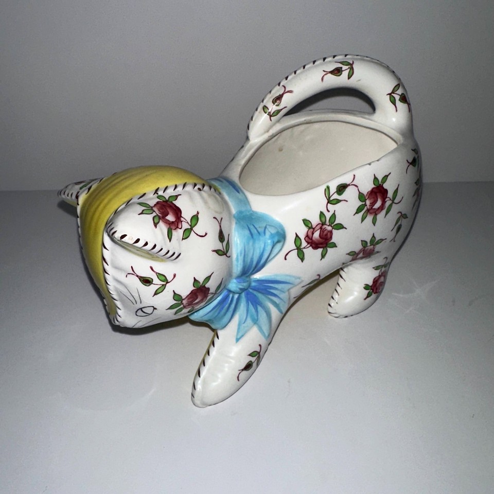 Vtg LEFTON Ceramics Yellow White Floral Kitty Cat Figurine Planter NC ...