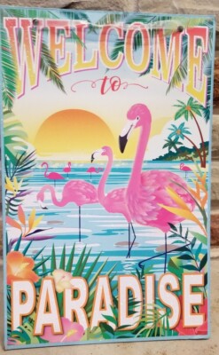 "Welcome to Paradise" Sign - w/Flamingos, Tropical Sunset, Glitter ...