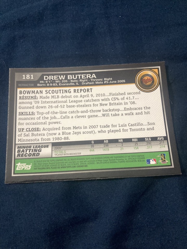 2010 Bowman Chrome #181 Drew Butera Minnesota Twins Refractor Baseball ...