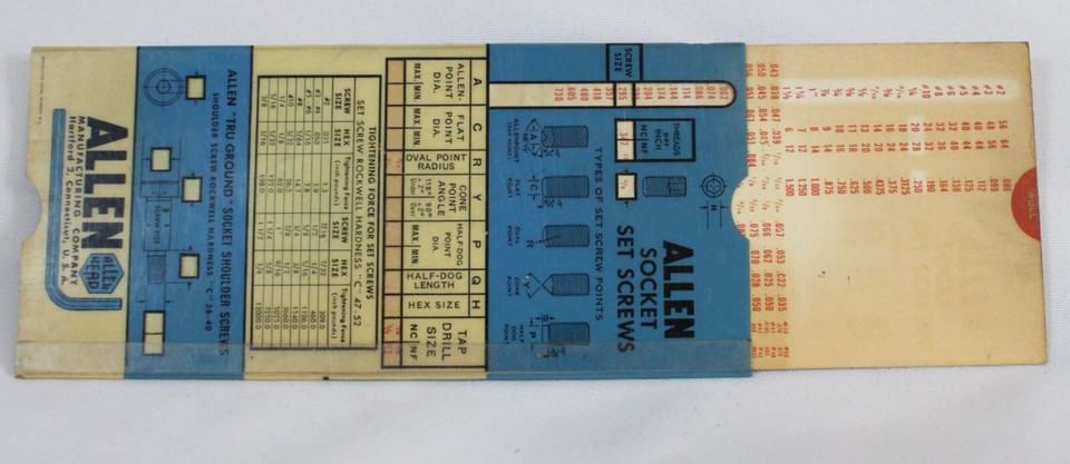 Vtg Allen Socket Set Screws Slide Chart Ruler Pull Out Calculator ...