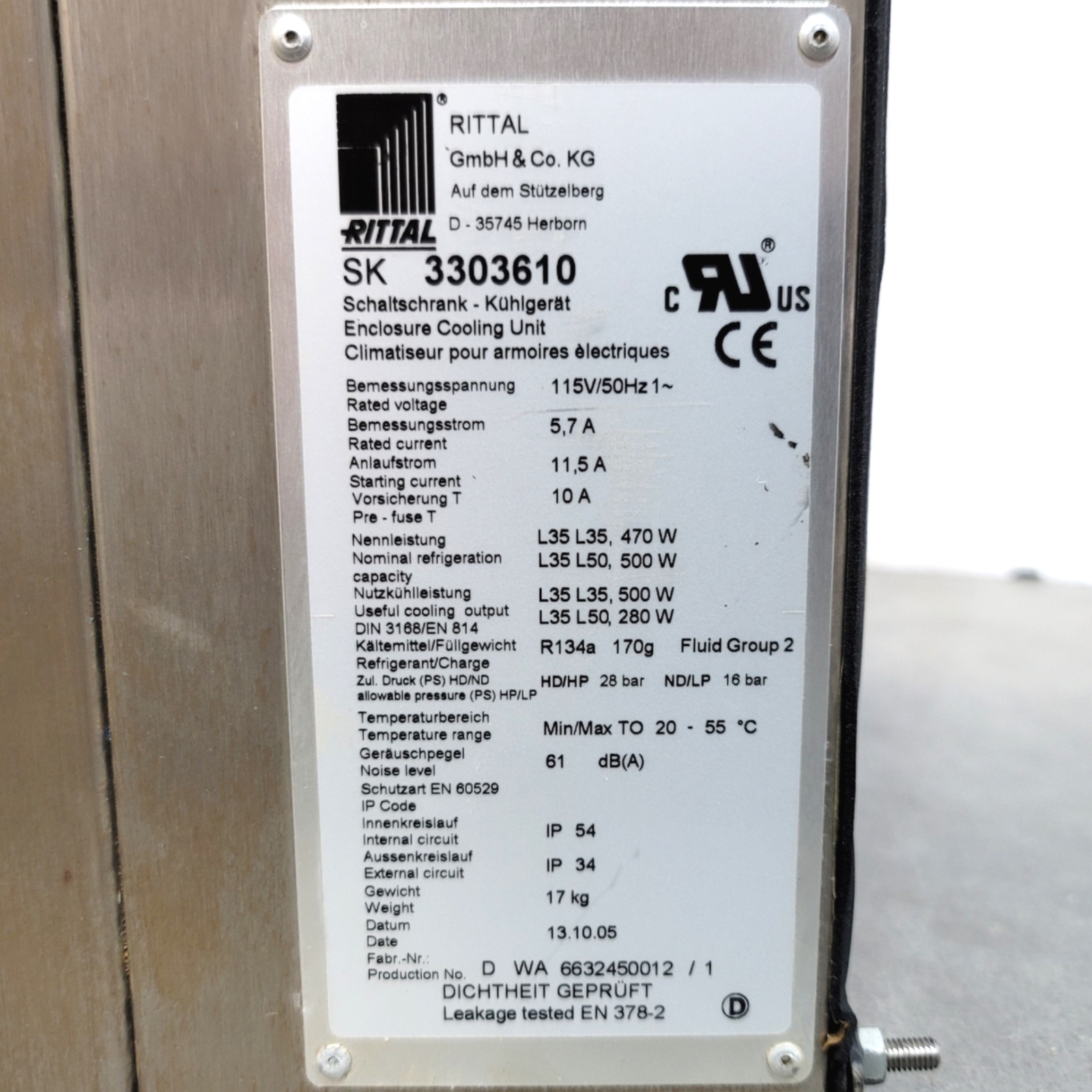 Rittal SK 3303.610 TopTherm Wall Mounted Cooling Unit 500W, 115VAC 5.7A ...