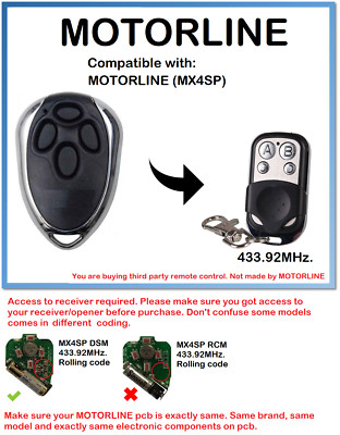 MOTORLINE MX4SP DSM Compatible Remote Control Rolling code 433.92MHz ...
