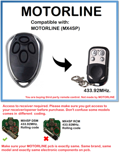 MOTORLINE MX4SP DSM Compatible Remote Control Rolling code 433.92MHz ...