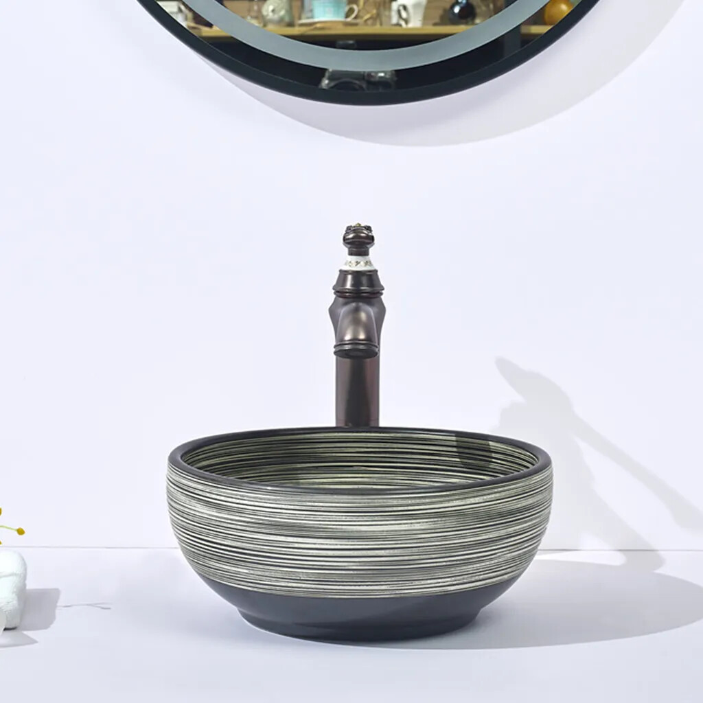 360*360*140mm Matte Black Stripe Pattern Porcelain Round Above Counter ...