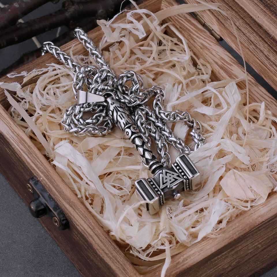 Men's Stainless Steel Chain Viking Pendant Silver Tri Rune Decorated ...