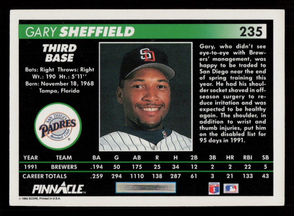 1992 Pinnacle Gary Sheffield #235 San Diego Padres Baseball Card | eBay