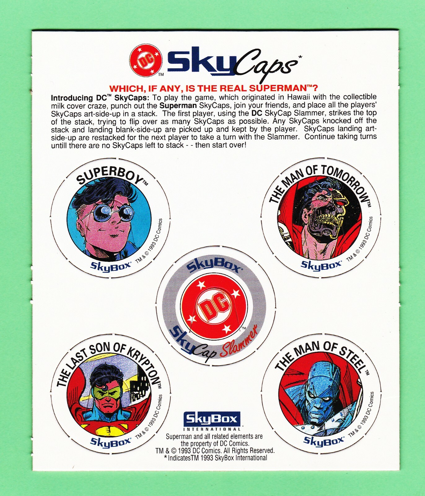1993 Skybox DC Comics Skycaps Slammer Promo Sheet of 5 Pogs/Caps | eBay