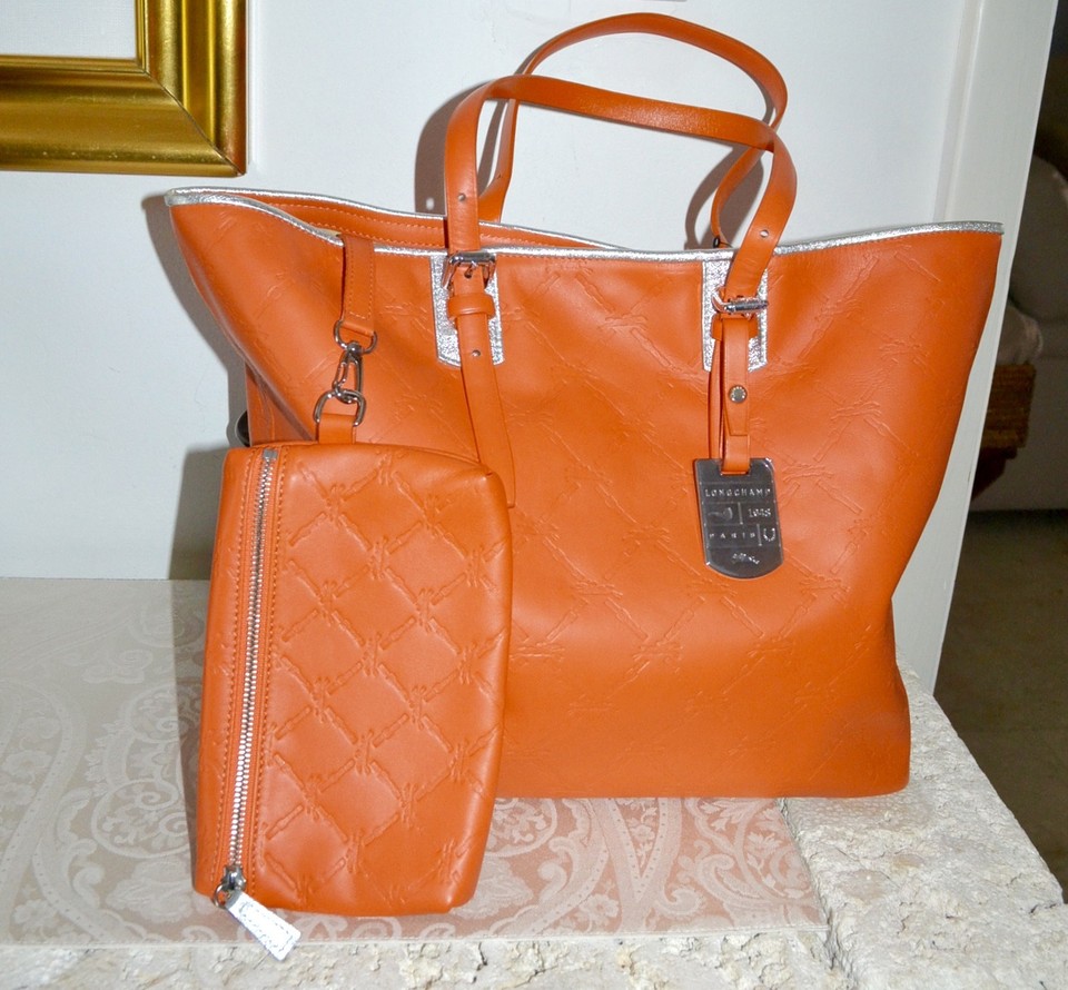 New $675 Auth Longchamp Paris LM Cuir Orange Leather Zip Tote Bag w ...