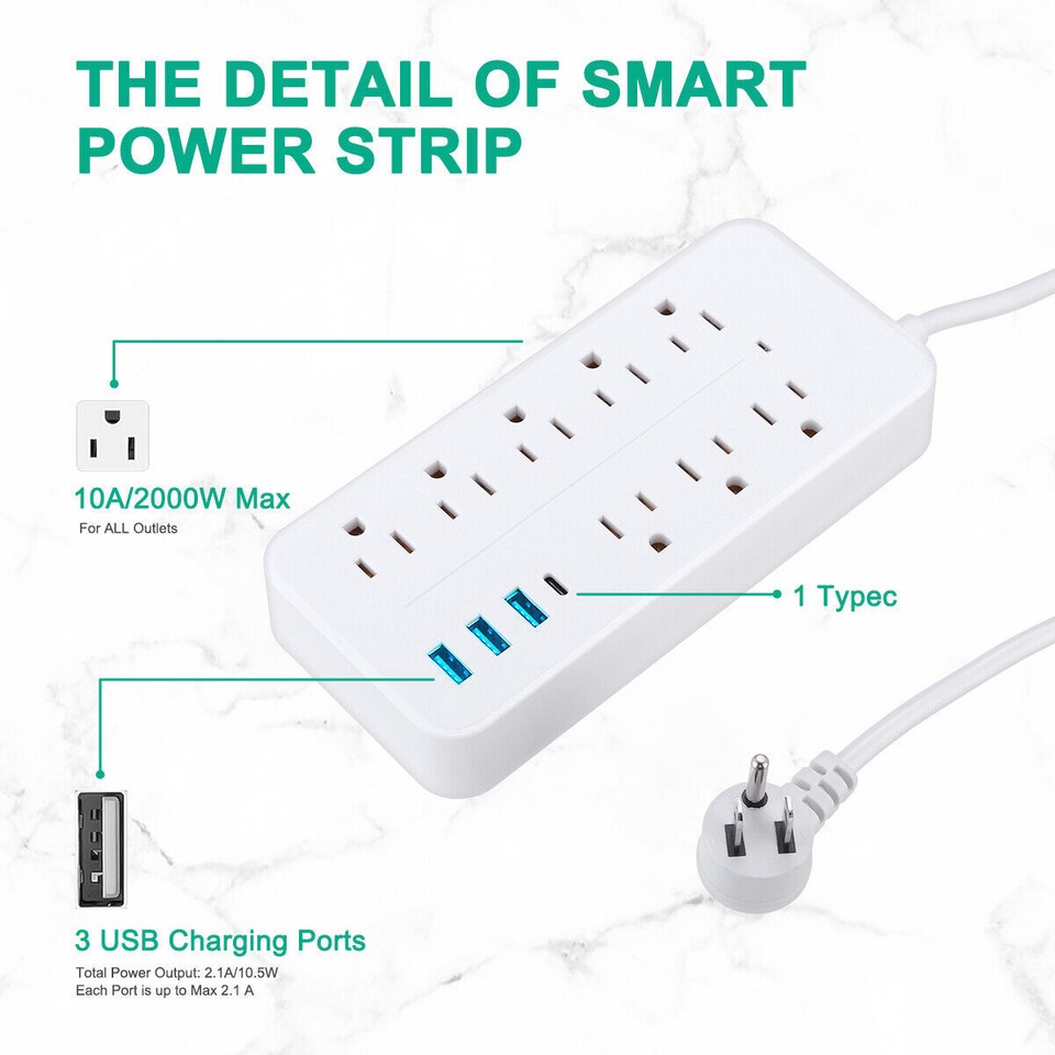 Power Strip Surge Protector Extension Cord with Multi Outlets USB Ports ...