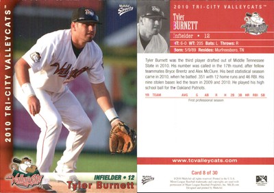Tyler Burnett 2010 MultiAd Tri-City ValleyCats #8 RC FREE SHIP ...