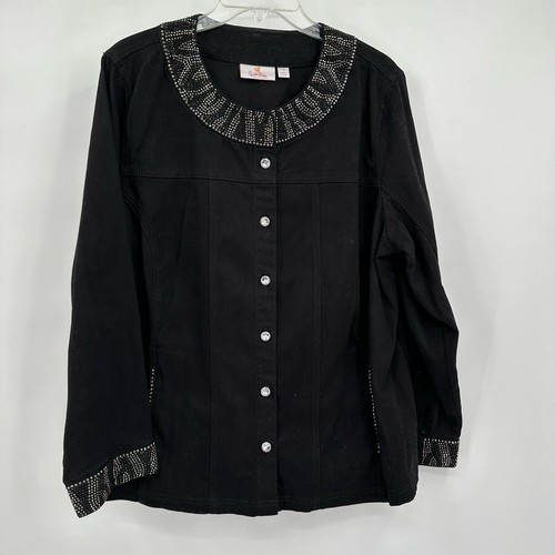 Quacker Factory Womens Embellished Denim Jacket Size 1X Black Button ...