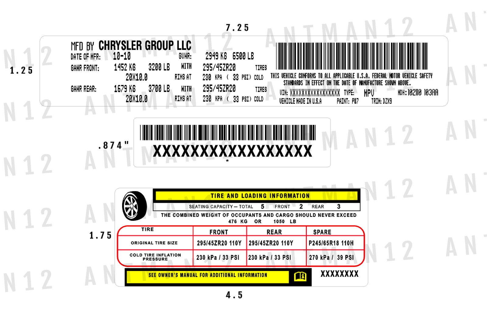 CUSTOM FCA CHRYSLER Decal Sticker ID Label Tire Loading Information VIN ...