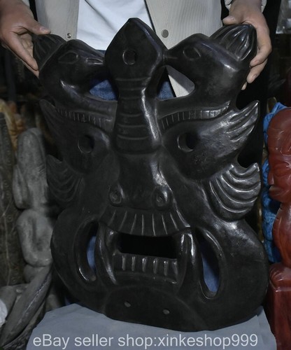 21.2" Chinese Hongshan culture Black meteorite Carving Bird beast mask ...