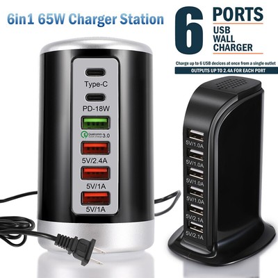Multi 6 Port USB Type-c Charging Station Hub Tower Desktop Cell Phone ...