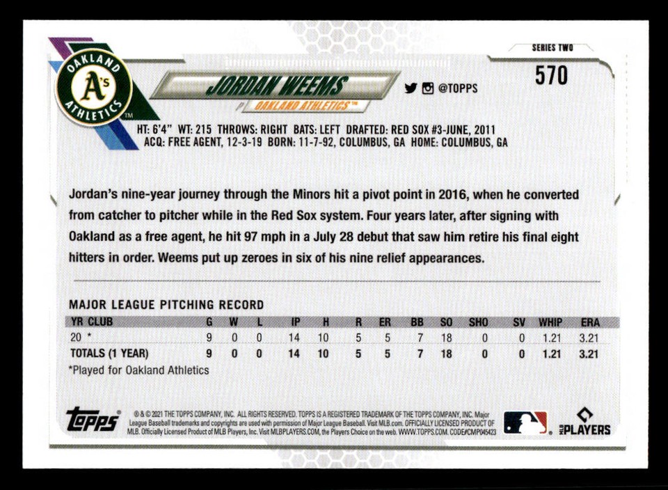 2021 Topps #570 Jordan Weems Rookie Card Oakland Athletics | eBay