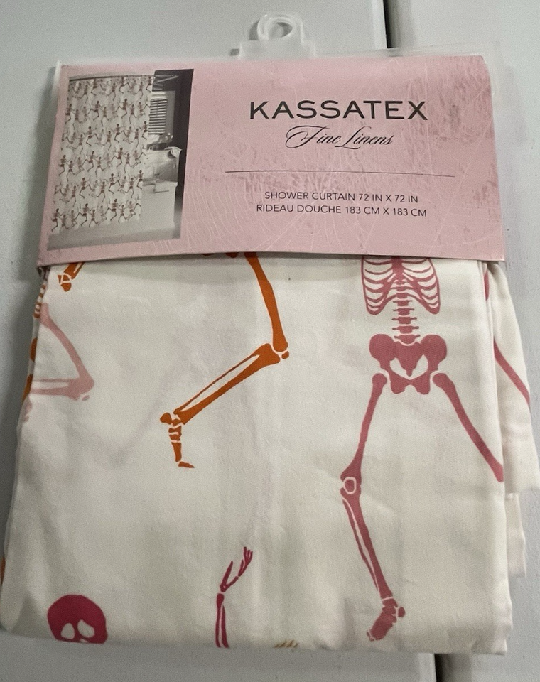 Kassatex Fine Linens Shower Curtain White Cotton With Pink Orange ...