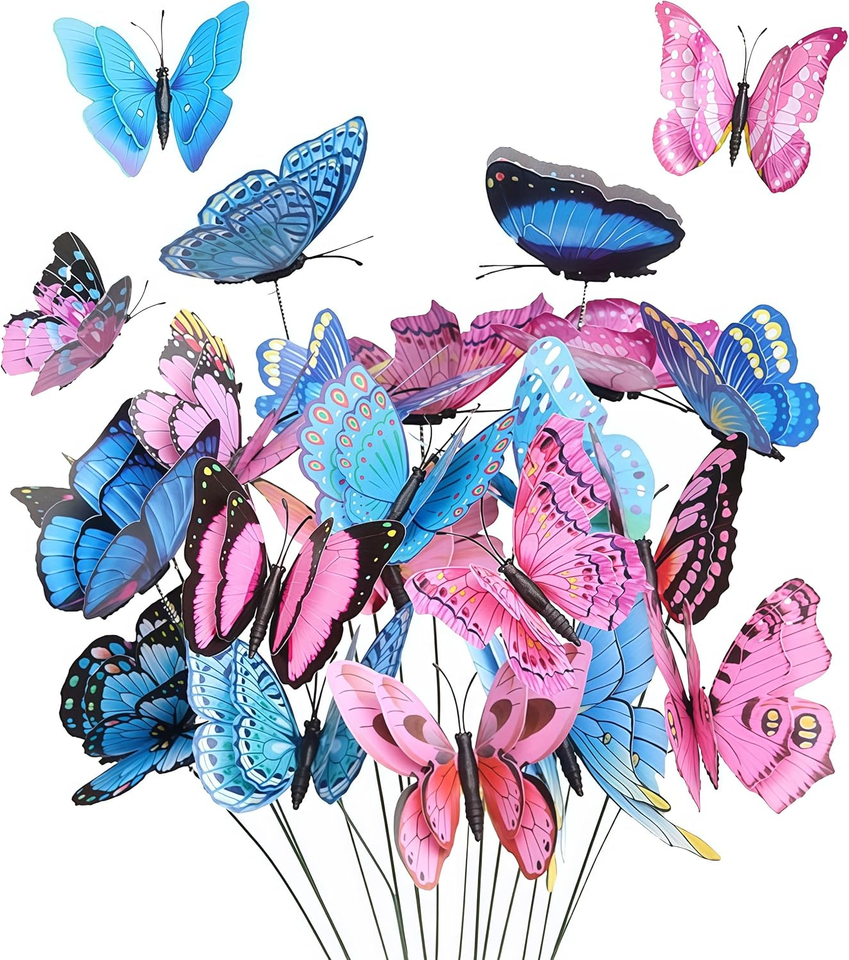 20PCS Butterfly Stakes,Plant Stakes,3D Colorful Double Wings with ...