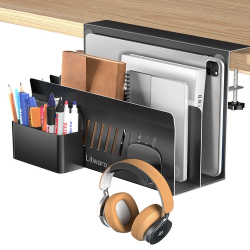 Desk Side Storage Organizer, 2 Tier Under Desk Laptop Holder Clamp on ...